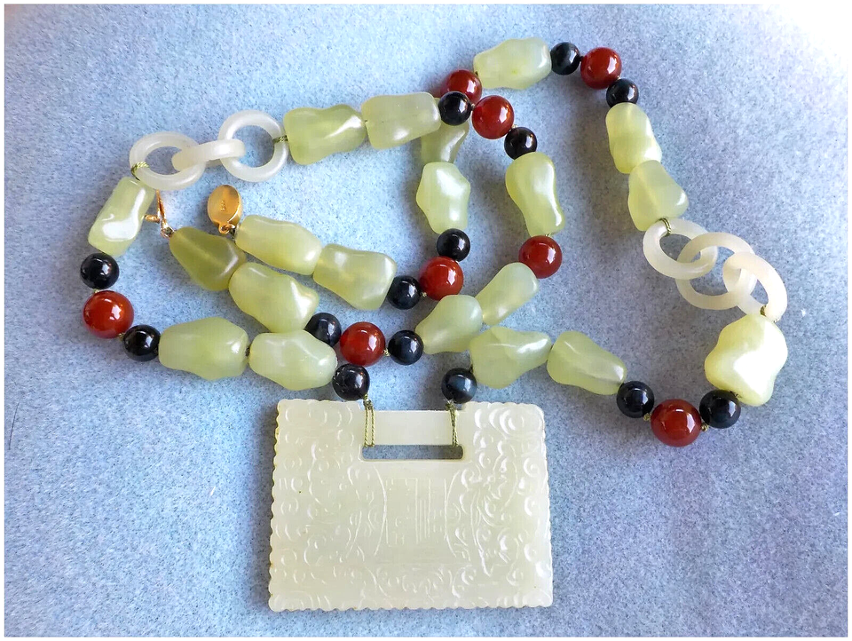 Chinese Jade Pendant, Devil's Work Jade, Carnelian, Blue Tiger's Eye ...