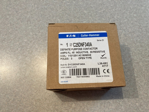 Contactor, Definite Purpose, Cutler Hammer 3 P, 40 A, 120V Coil ...