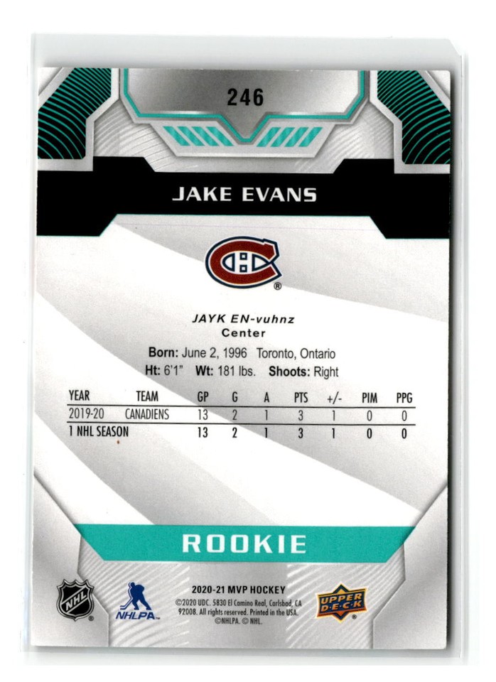 2020-Upper Deck MVP -#246-Jake Evans ROO, RC, SP-Montreal Canadiens | eBay