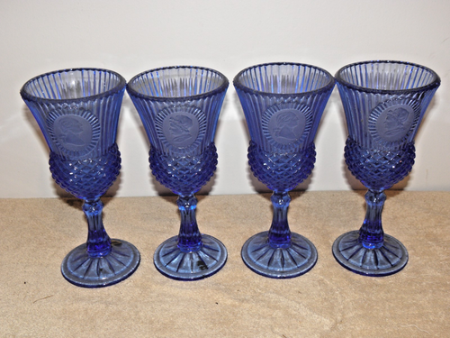 SET OF 4 AVON FOSTORIA GEORGE & MARTHA WASHINTON BLUE Goblets 8” tall ...