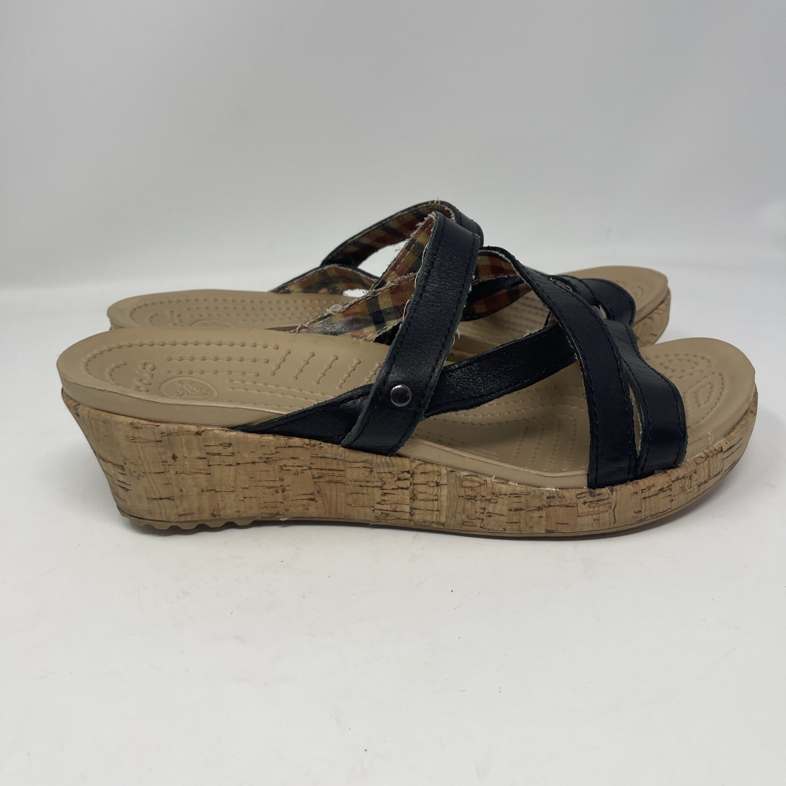 Crocs Women’s Size 9 Leather Strap Cork Wedge Open Toe Heels Sandals ...