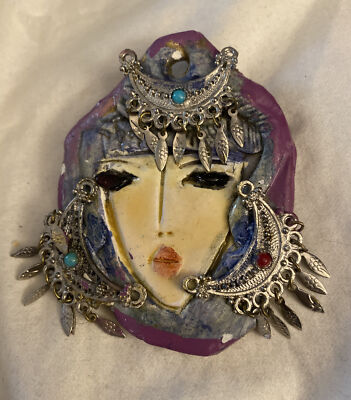 Vtg Noemi Sarel Hand Painted Ceramic Brooch Pin Women’s Face Ethnic | eBay