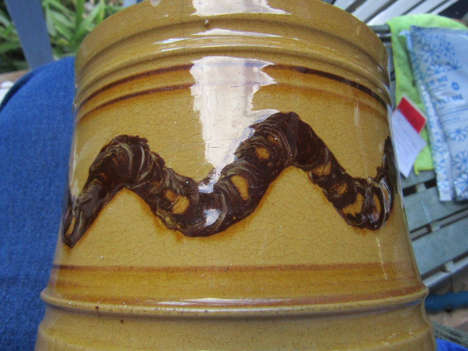Antique Mocha Yellow Ware Storage Crock, Earthworm and line Decoration ...