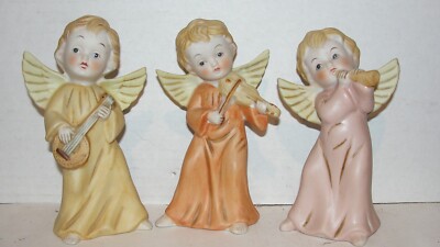 (3) VINTAGE HOME INTERIORS ANGEL FIGURINES PLAYING MUSICAL INSTRUMENTS ...