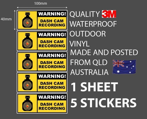 WARNING DASHCAM RECORDING 1 SHEET 5 Stickers 100x40mm 3M Vinyl CAR ...
