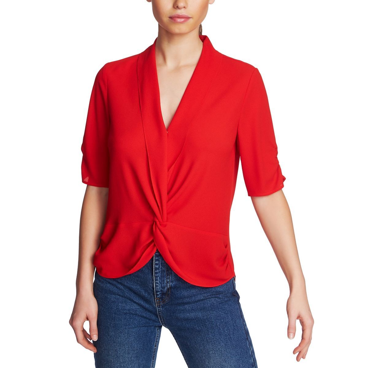 1 STATE Women's Cherry Red Cinched Sleeve Twist Front Blouse Shirt Top ...