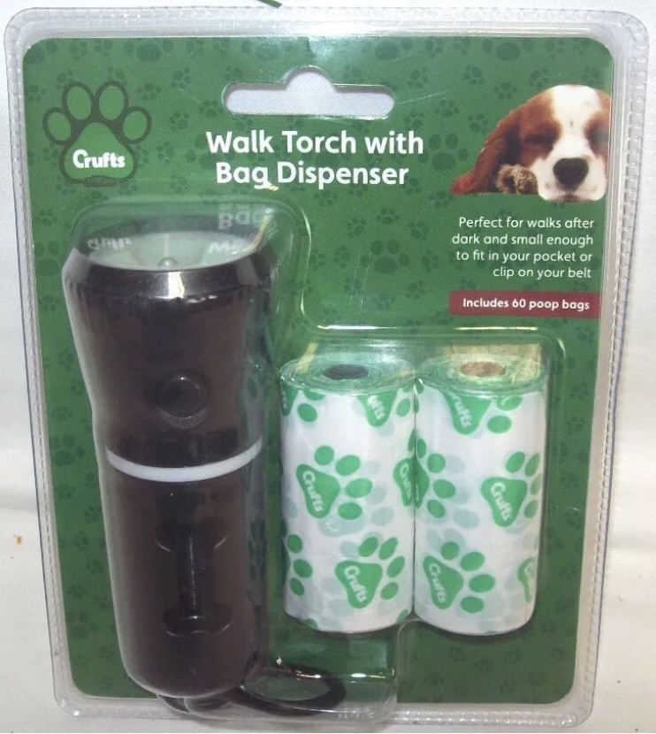 Crufts 2 In 1 Pet Dog Walking Hand Torch With Poo Bag Dispenser Handle ...
