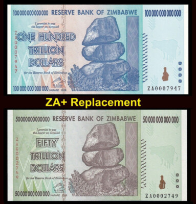 Set of 2 Zimbabwe 100 and 50 Trillion Dollars Banknotes Rare ZA+ ...