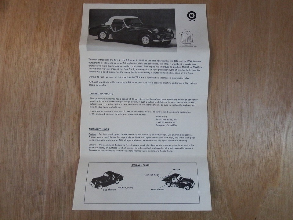 Entex 1/24 1959 Triumph TR3 model kit 9112 *1970s kit* *unopened box ...