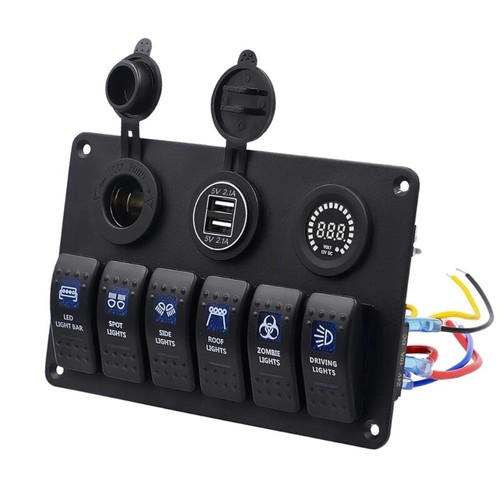 6 Gang Switches Panel with LED Light Bar Voltmeter Double USB Ports for ...
