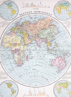 1887 ANTIQUE MAP WORLD EASTERN HEMISPHERE TEMPERATURE VEGEATION EUROPE ...