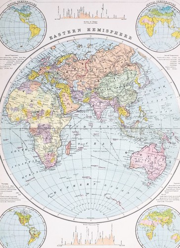 1887 ANTIQUE MAP WORLD EASTERN HEMISPHERE TEMPERATURE VEGEATION EUROPE ...