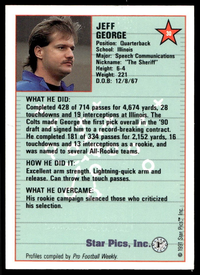 Jeff George 1991 Star Pics #30 Illinois Fighting Illini Football Card ...