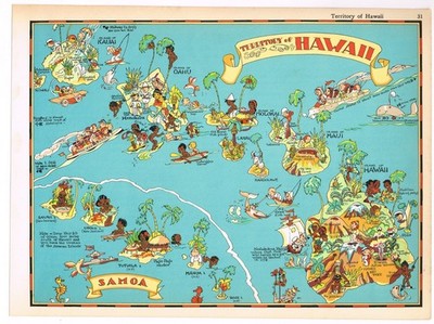 GENUINE RUTH TAYLOR VINTAGE 1935 HAWAII MAP CARTOON PICTORIAL OAHU MAUI ...