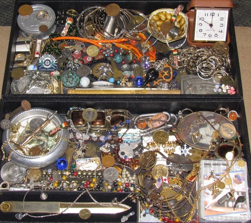 large junk drawer lot rings belt buckles jewelry coins marbles misc ...