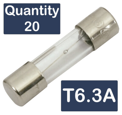20 x 6.3A 20mm x 5mm Slow Blow/AntiSurge Glass Fuse 6.3Amp T6.3A T6.3AL ...