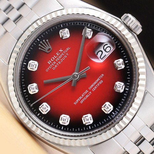 ROLEX MENS DATEJUST RED VIGNETTE DIAMOND DIAL 18K GOLD SS WATCH w ...