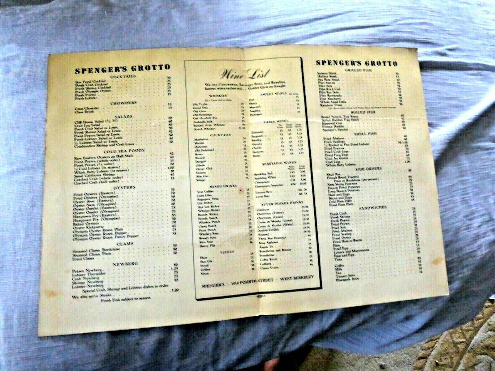 VINTAGE MENU SPENGERS SPENGER'S FISH GROTTO WEST BERKELEY CA 1950's | eBay
