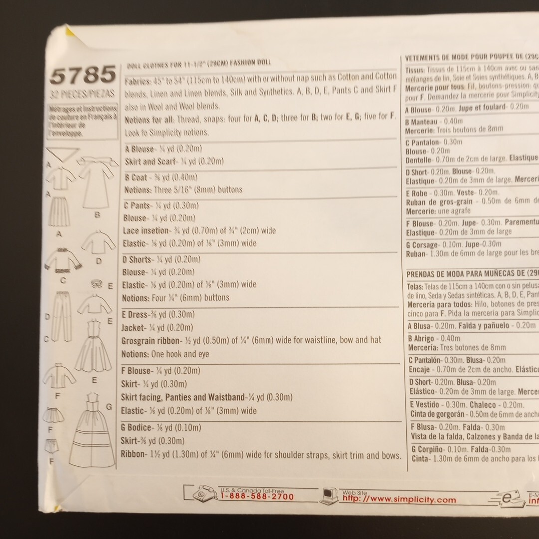 Simplicity 5785 Doll Clothes for 11.5" 29cm Fashion Doll Blouse Coat Pants OS UC | eBay