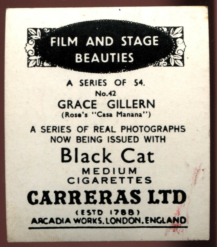 Tobacco Card,Carreras,FILM AND STAGE BEAUTIES,Large,LF54,1939,Grace ...