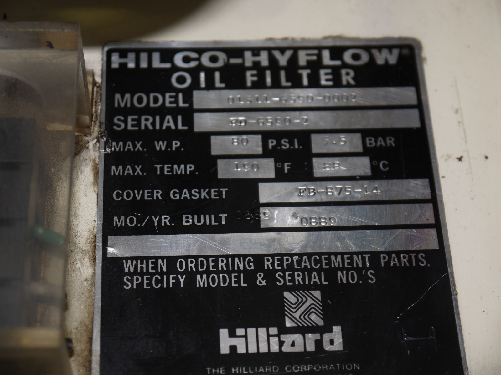 HILLIARD HILCO HYFLOW 01511-6590-0002 OIL FILTER PURIFICATION 80 PSI 5. ...