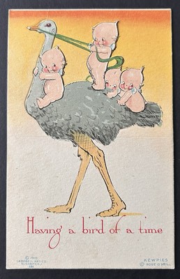 Vintage Kewpie Postcard ~ Kewpies Riding Ostrich ~ "Having a bird of a ...