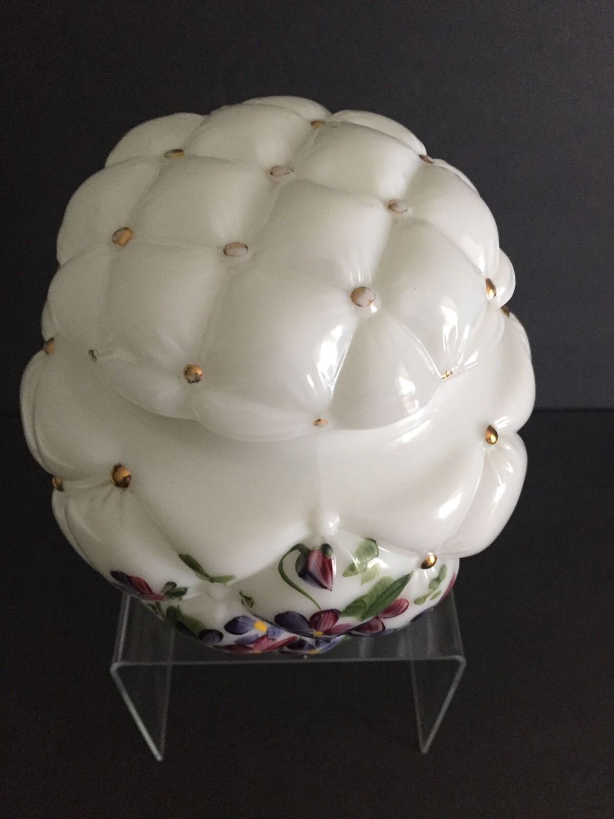 CONSOLIDATED CON CORA QUILTED MILK GLASS JAR WITH VIOLETS | eBay
