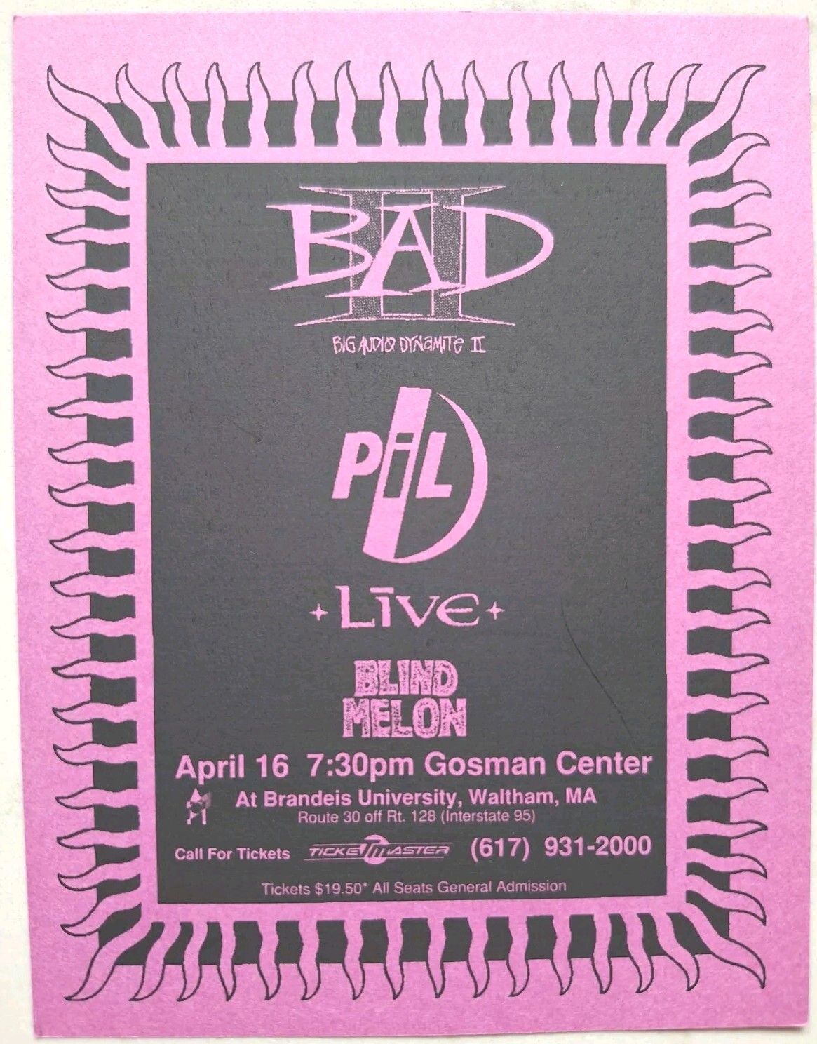 Big Audio Dynamite - Original Show Flier Live Blind Melon Brandeis ...
