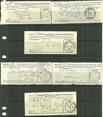 6X CERTIFICATE OF POSTING OF A REGISTERED POSTAL PACKET 1909/47 GIPSY ...