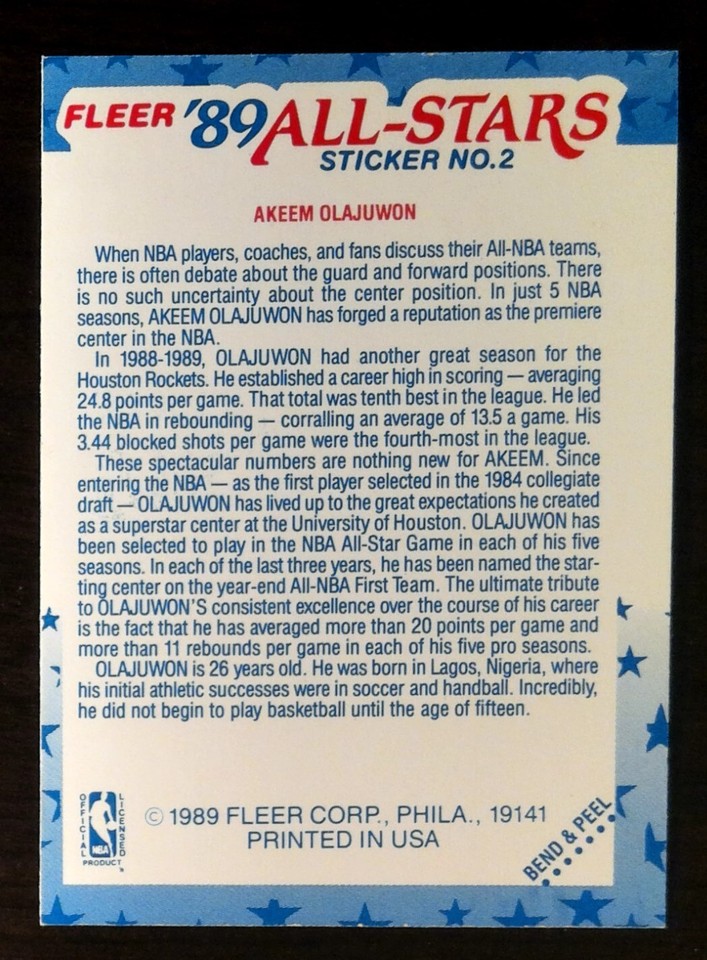 1989 Fleer All-Star Stickers Akeem Olajuwon #2 Rockets Unpeeled | eBay