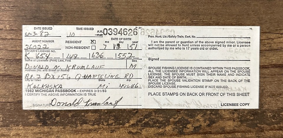 1982 **MICHIGAN** Fishing Trout & Salmon Stamp Permit License | eBay