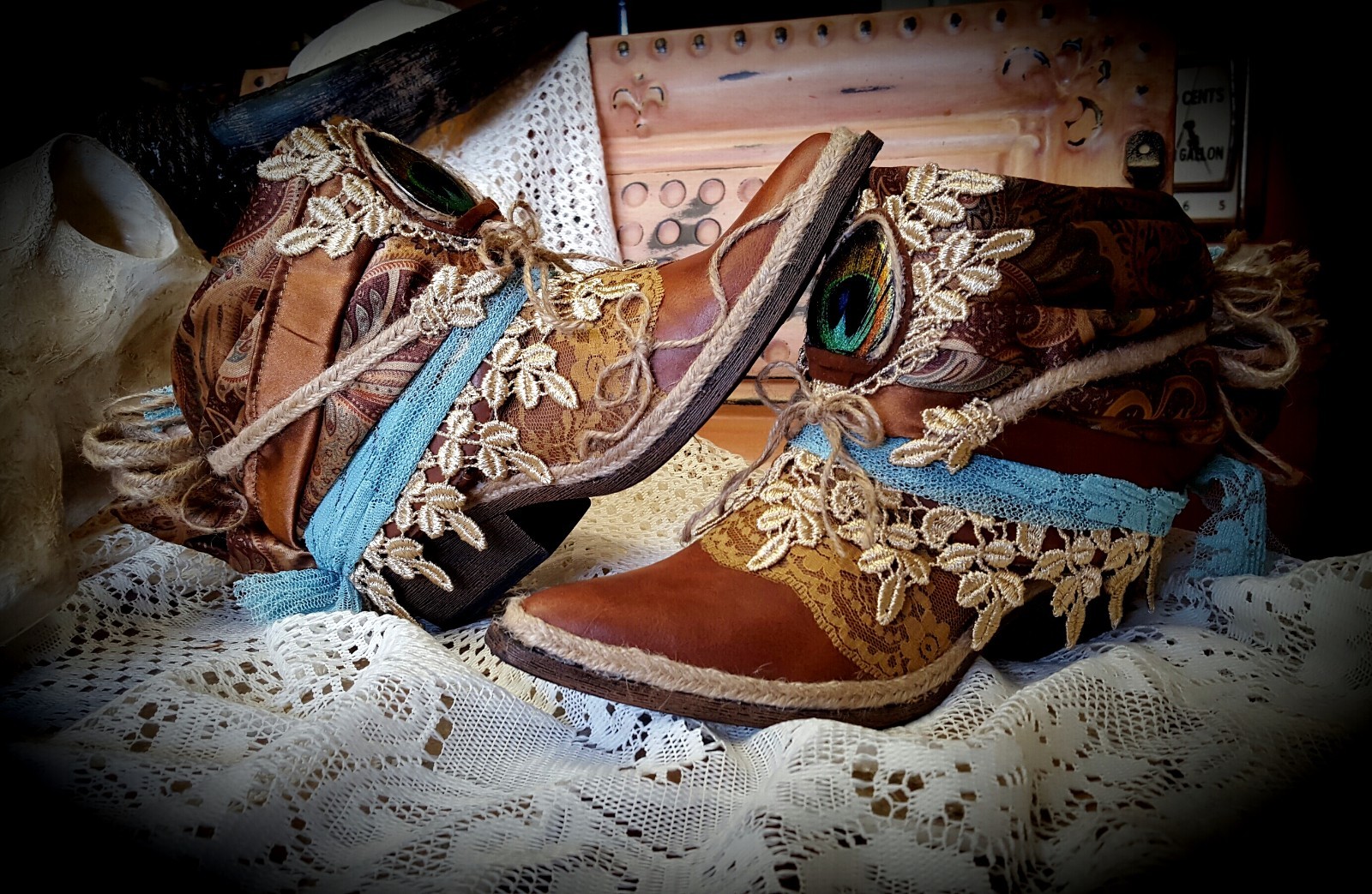Upcycled Boots boho ankle gypsy cowboy embellished OOAK Custom made to ...