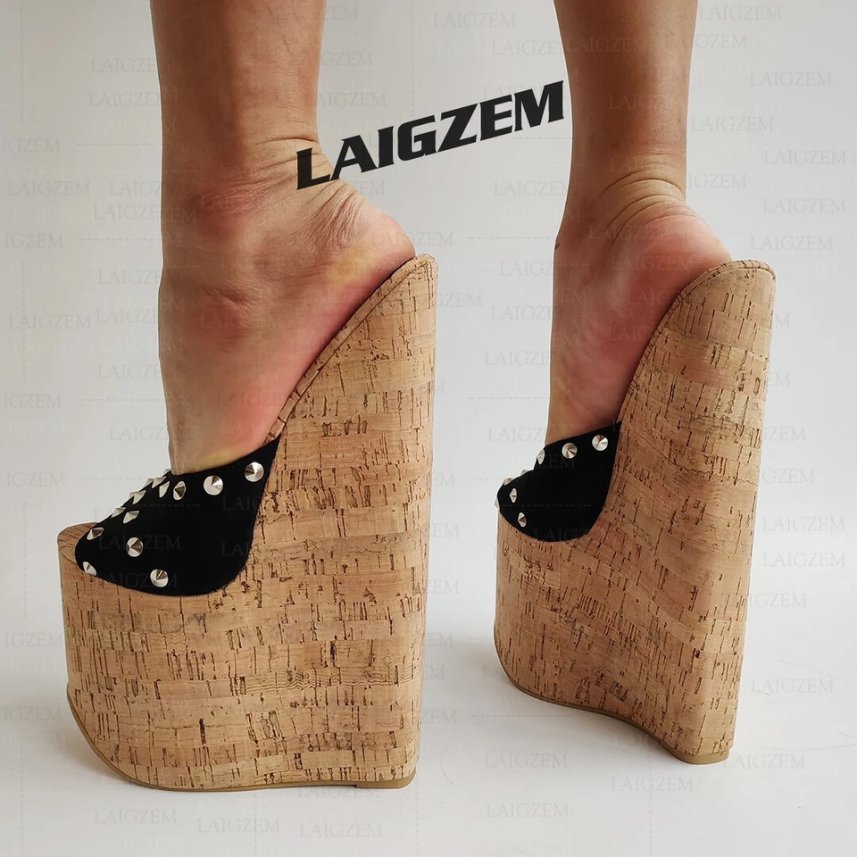 Women Sandals 10CM Platform Wedges 25CM Slip On Pumps Studded Steep ...