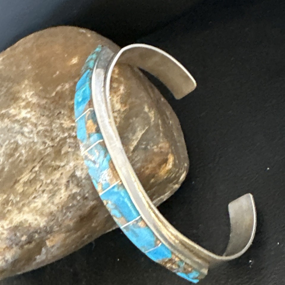 Navajo Mens Blue Mojave Turquoise Inlay Bracelet Sterling Silver 15065 ...
