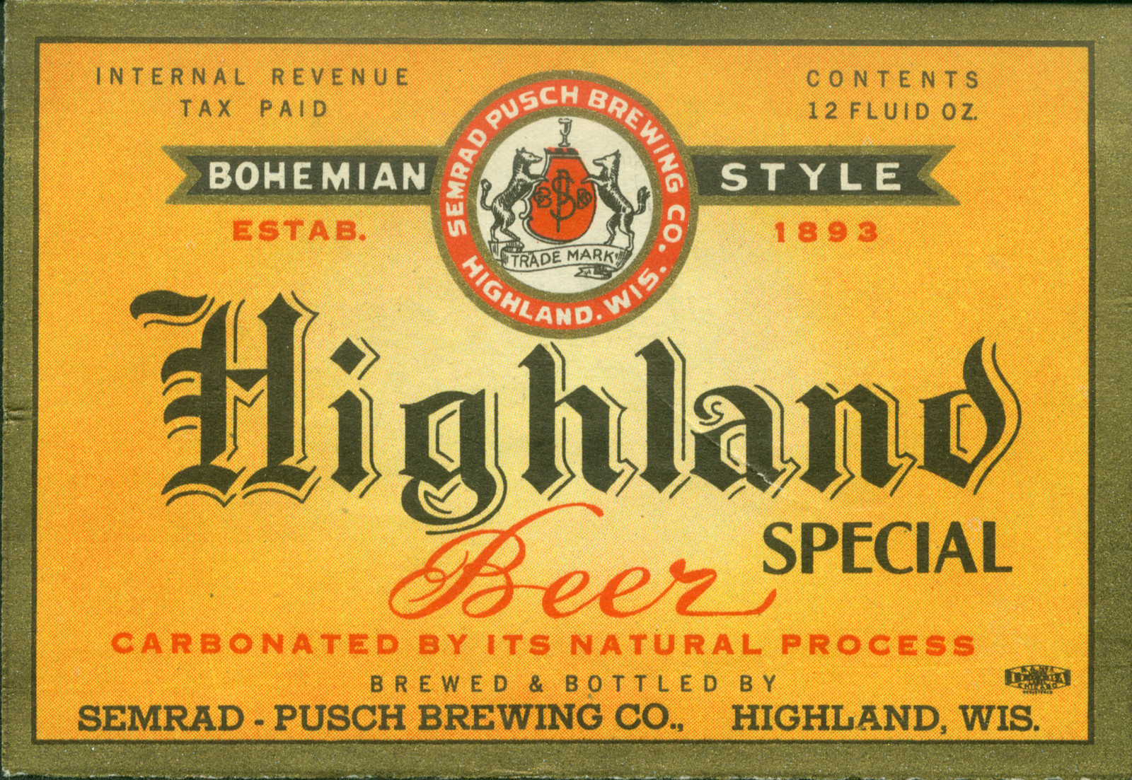 HIGHLAND BEER LABEL T SHIRT SEMRAD-PUSCH BREW WISC SIZES SMALL THRU ...
