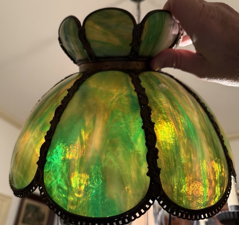 Antique Vintage Green Slag Glass Leaded Lamp Shade Tiffany Style ...