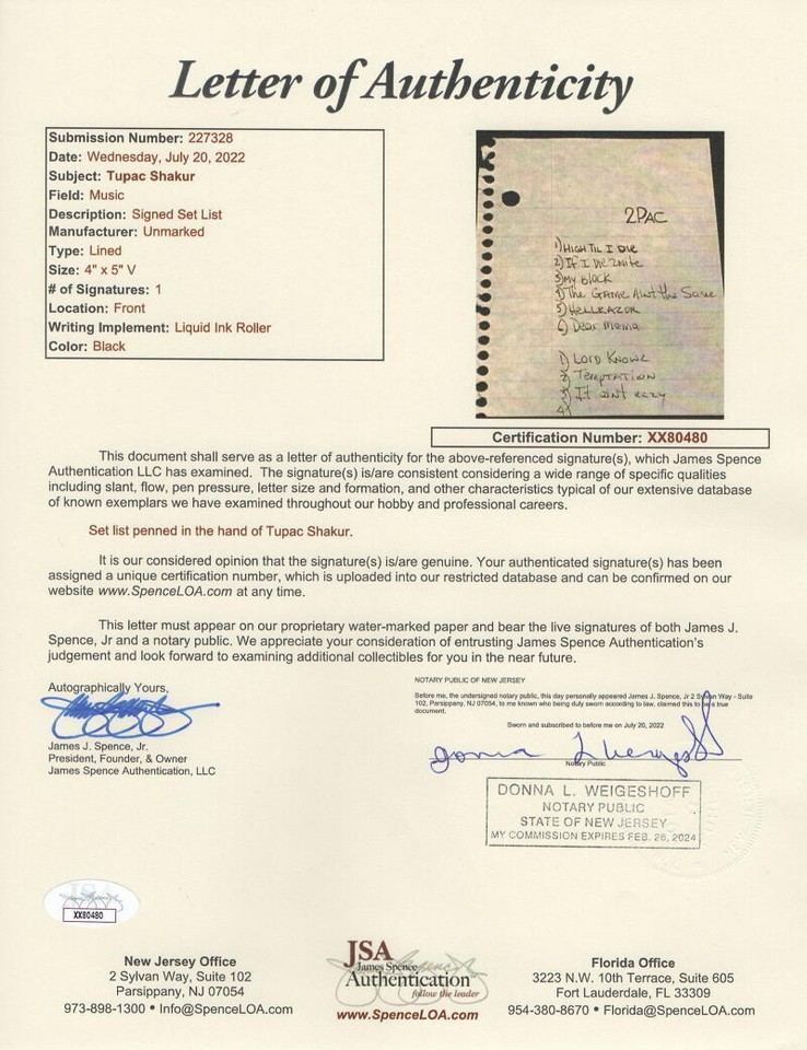 TUPAC SHAKUR 2PAC SIGNED AUTOGRAPH HANDWRITTEN SET LIST - ALL EYEZ ON ...