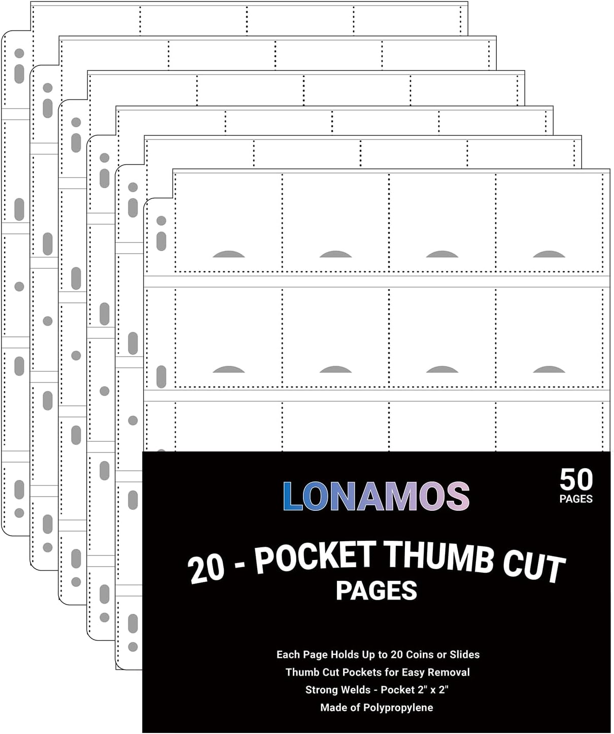 50-Sheets 20-Pocket Thumb-Cut Coin Pages - Coin Pocket Pages for 2 X 2 ...