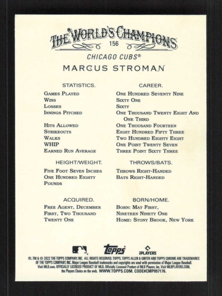 Marcus Stroman 2022 Topps Allen & Ginter Chrome Chicago Cubs #156 | eBay