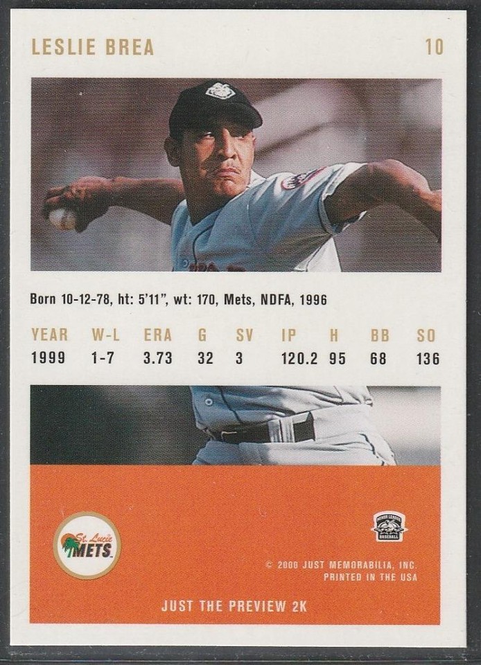 073, Original Autograph, Leslie Brea; Mets, 2000 Just Memorabilia #10 ...
