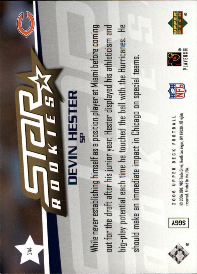 2006 Upper Deck #244 Devin Hester Rookie Chicago Bears NFL Football ...