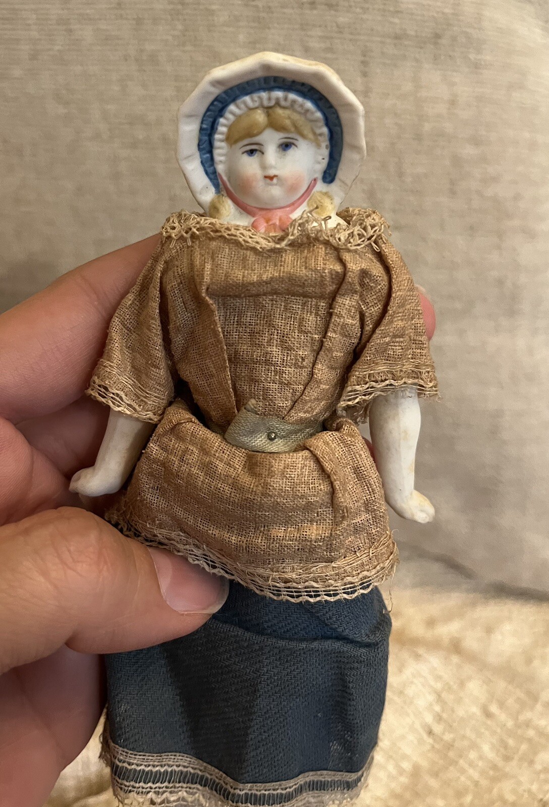 Antique German Parian China 7” Doll Bonnet Head All Original Hertwig