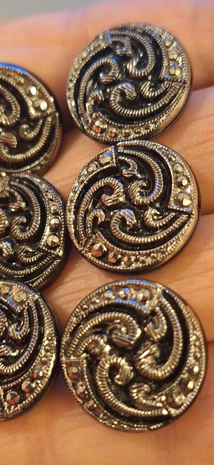 Vtg 6 Black Glass Buttons Self Shank Beaded Silvertone Foil Textured ...