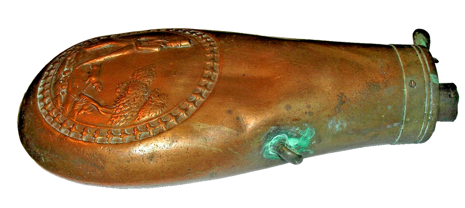 Antique COPPER POWDER or SHOT FLASK with HUNTING SCENE, MAN, HIS DOG ...