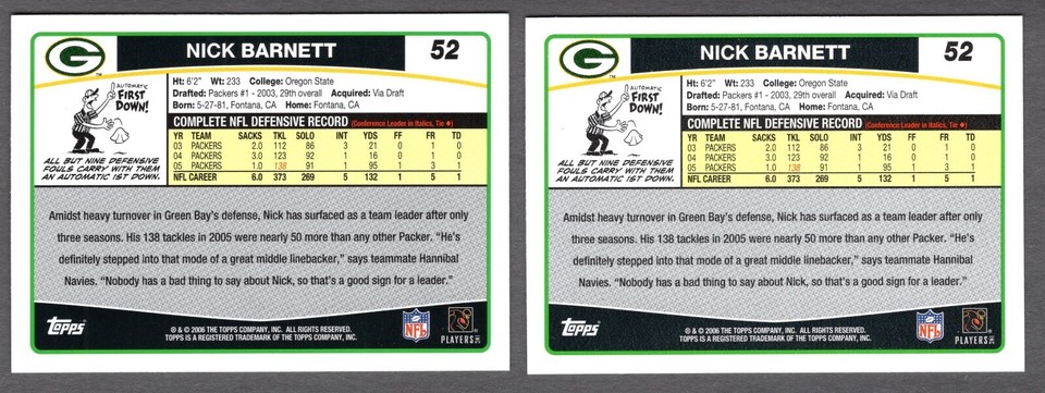 (2) 2006 TOPPS NICK BARNETT CARD #52 LOT **NM-MT** GREEN BAY PACKERS | eBay