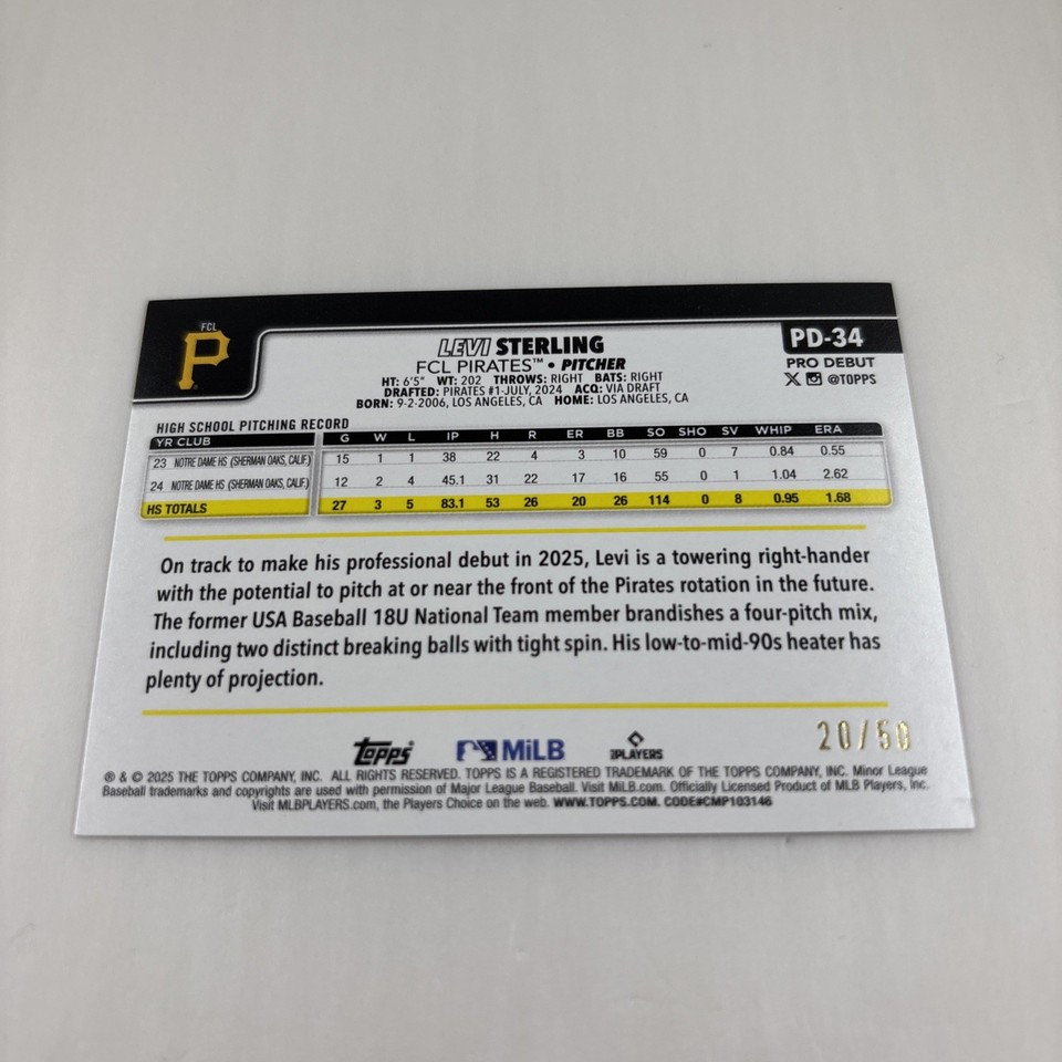 2025 Topps Pro Debut Chrome Levi Sterling #PDC-34 Gold Refractor RC #d ...