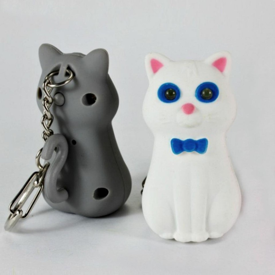 LED CAT KEYCHAIN w Light & Sound Meow Noise Toy White Gray Animal NEW ...