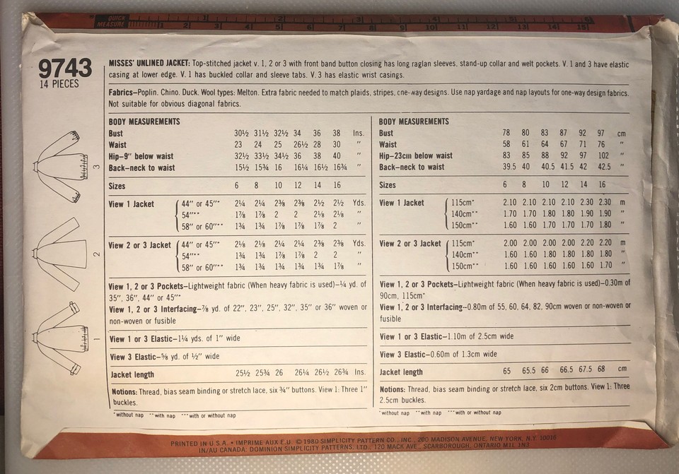 Simplicity Sewing Pattern 9743 Unlined Jacket Size 12 Uncut Factory ...