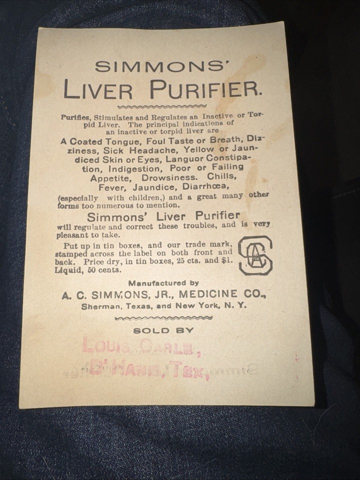 Simmons’ Liver Purifier Trade Card-Louis Oarle-D’Hanis, TX. T200 | eBay