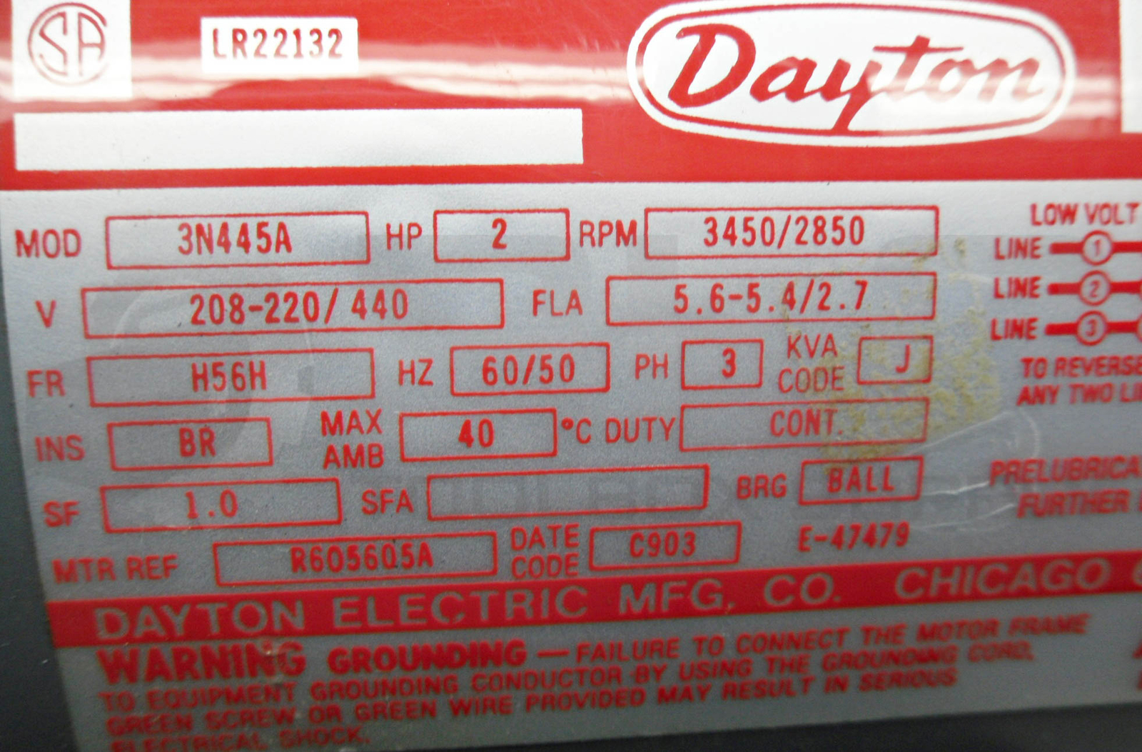 DAYTON 3N445A THREE PHASE MOTOR 2HP 3450RPM FR: H56H, R605605A | eBay